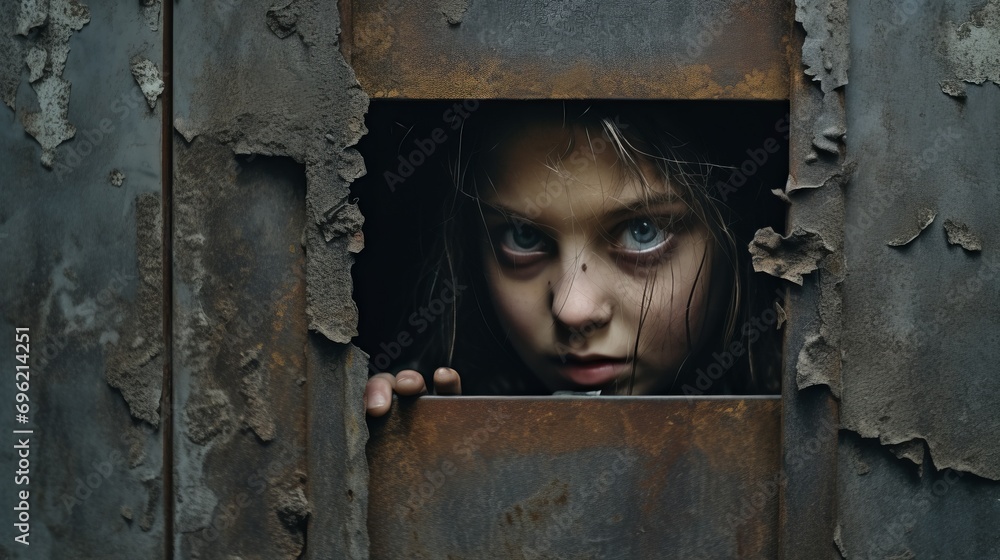 Little girl peering out of a small window with a frightened look ...