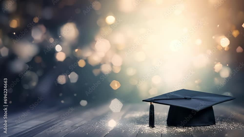 Graduation Cap on Wooden Stage with Sparkling Bokeh Background with ...