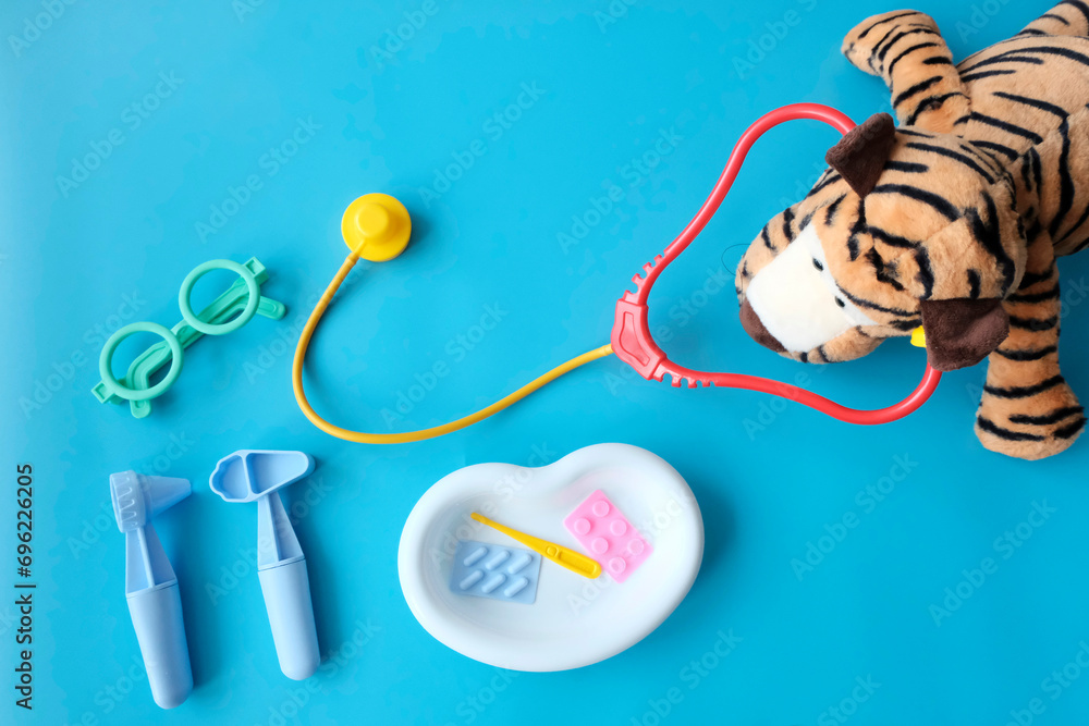 Medical instruments of different colors for children. Stethoscope ...