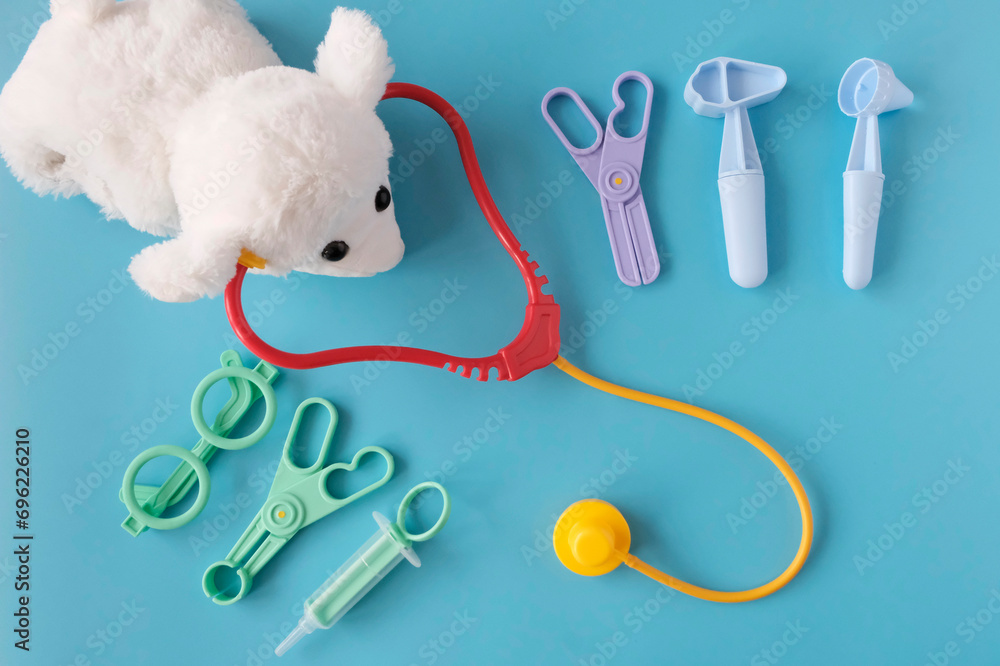 Medical instruments of different colors for children. Stethoscope ...