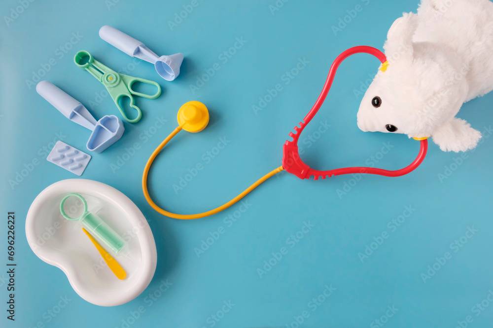 Medical instruments of different colors for children. Stethoscope ...