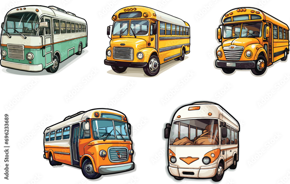 Set of bus with isolated white background. Vector bundle of chibi ...