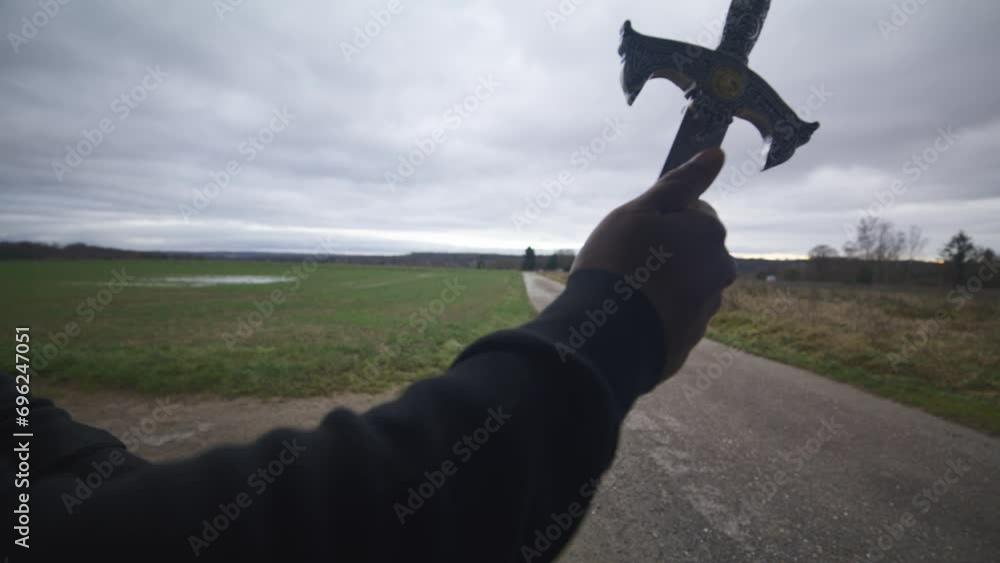 Modern Black Swordsman Warrior Awaiting Battle Opponent in Open Field ...