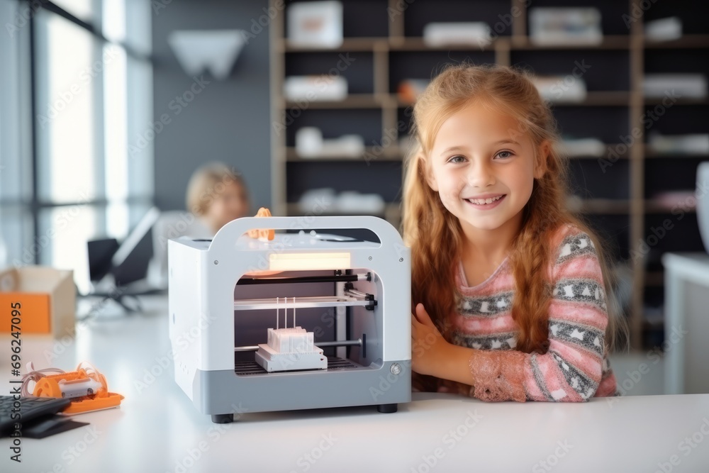 Cute little girl using a 3D printer in her home office Stock Photo ...