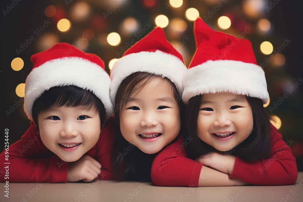 Three young children wearing Santa hats, smiling and posing for a ...