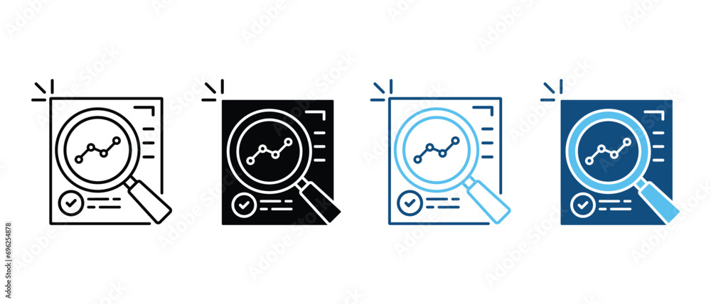 Document with Magnifying Glass Line and Silhouette Icon Set. concept of ...