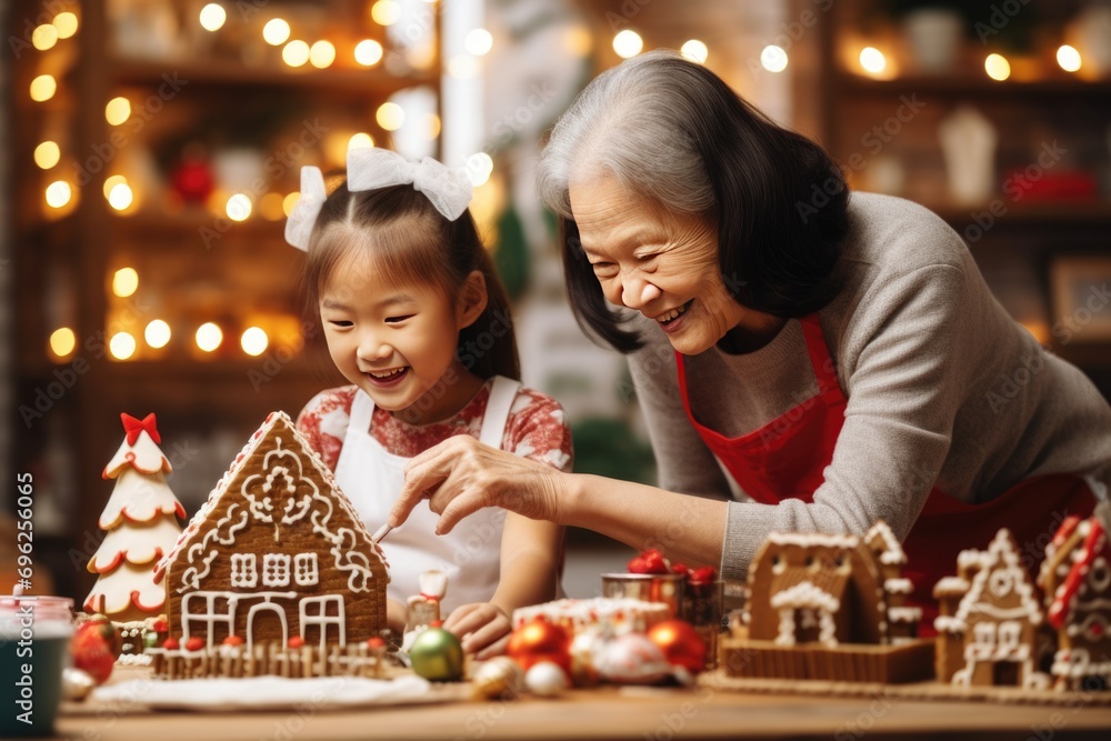 A heartwarming scene of a young girl building a gingerbread house with ...
