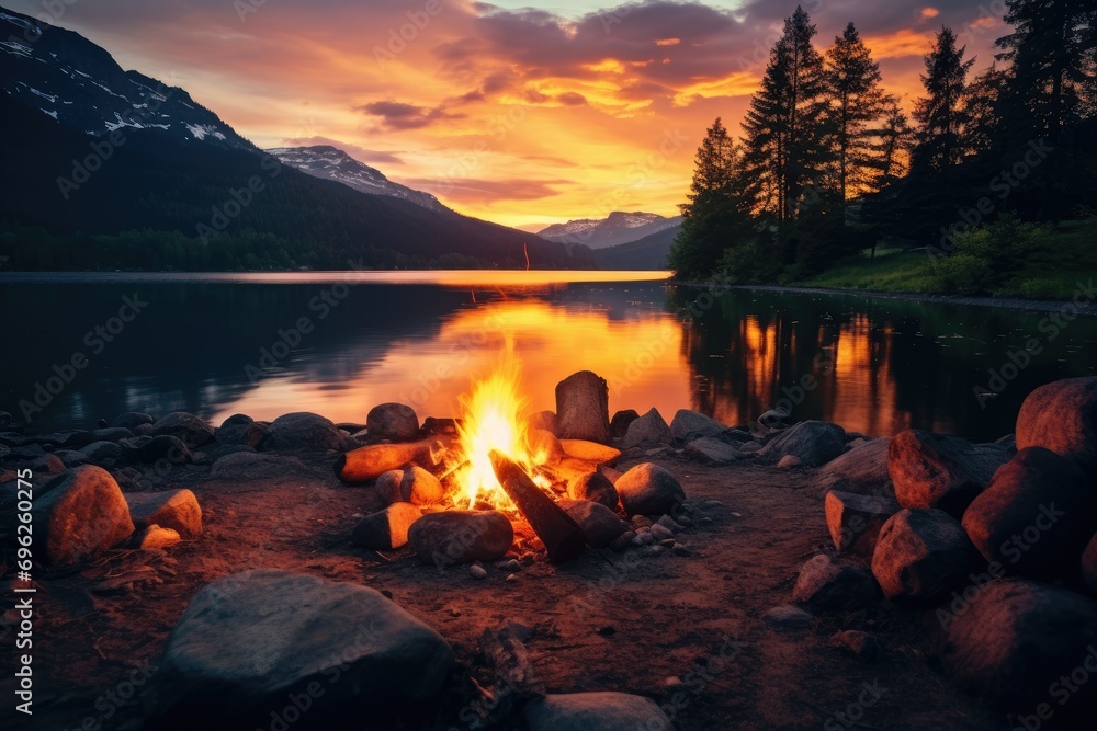 Lake side campfire with wood burning in a scenic setting during the ...