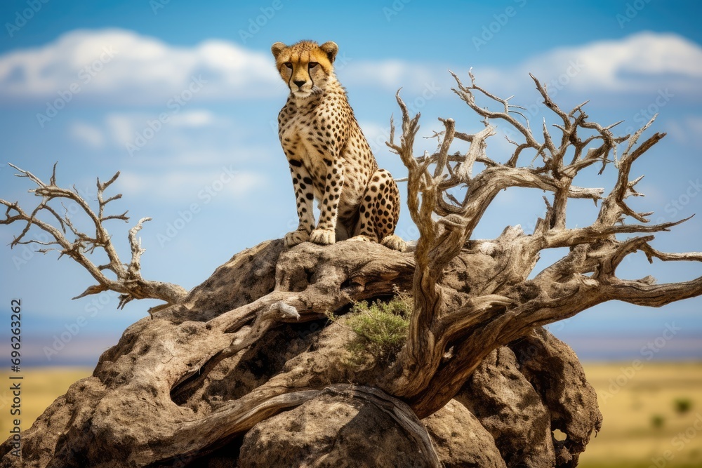 Cheetah sits on dead tree in Serengeti National Park, Tanzania, A ...