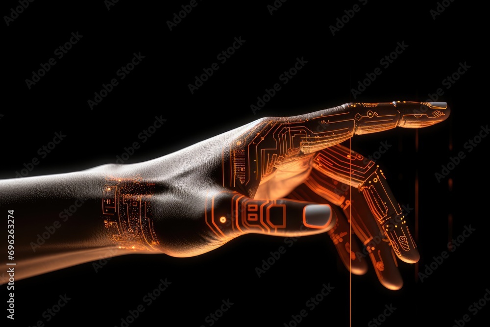 3d rendering of robot hand touching virtual screen isolated on black ...