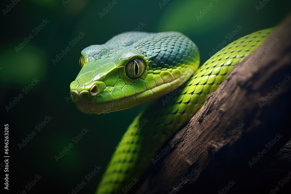 Green pit viper on a tree branch in the rainforest, A close-up of a ...