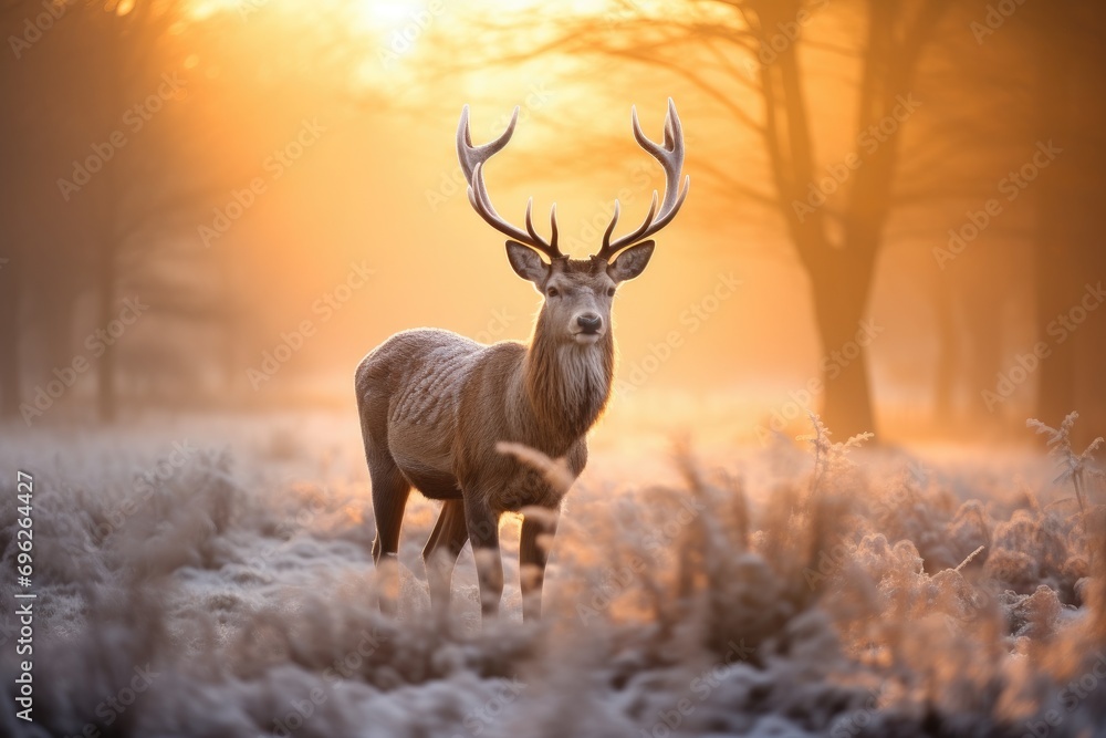 Beautiful red deer stag in winter forest at sunrise. Wildlife scene ...