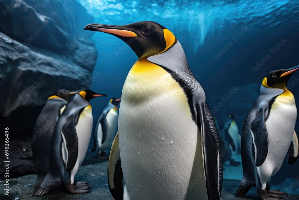 King penguin in the deep blue water. 3d rendering, A group of king ...