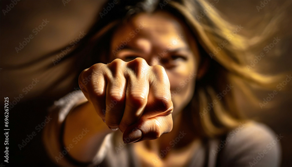 Close-up of a woman with her hand outstretched as a sign of stop ...