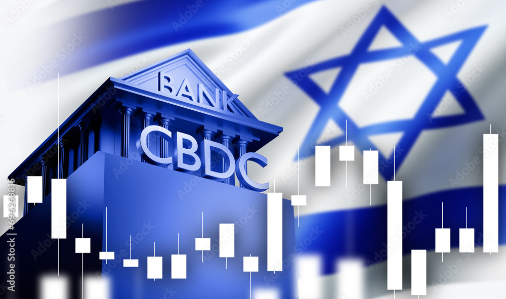 CBDC in Israel. Bank building. Flag with financial charts ...