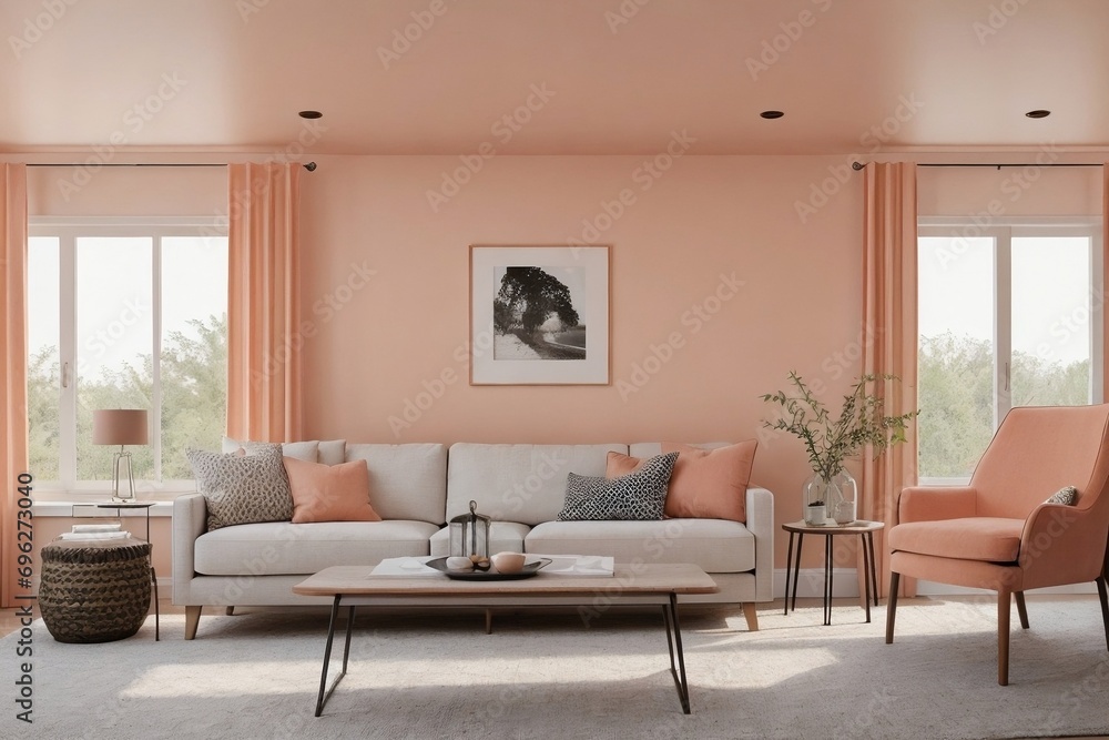 Peach fuzz living room interior design. Cozy living room with peach ...