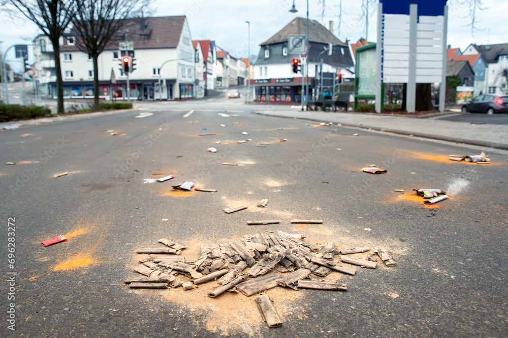 Fireworks rocket launcher box trash remains on german city street after ...