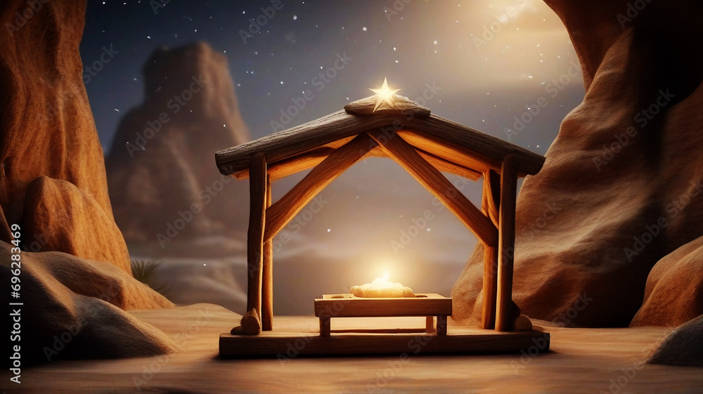 Christian Christmas scene with empty wooden manger, star of Bethlehem ...