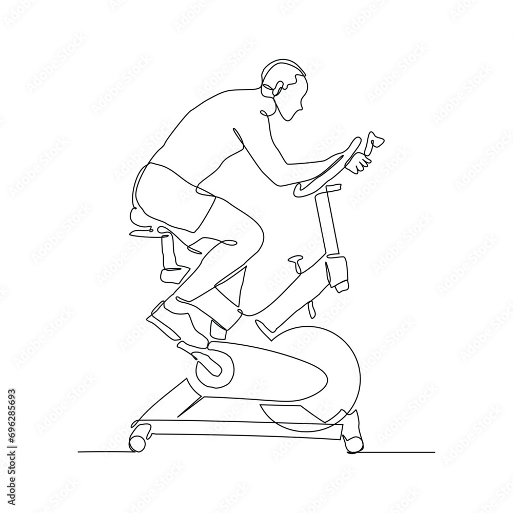 Continuous single line sketch drawing of athletic man riding static ...