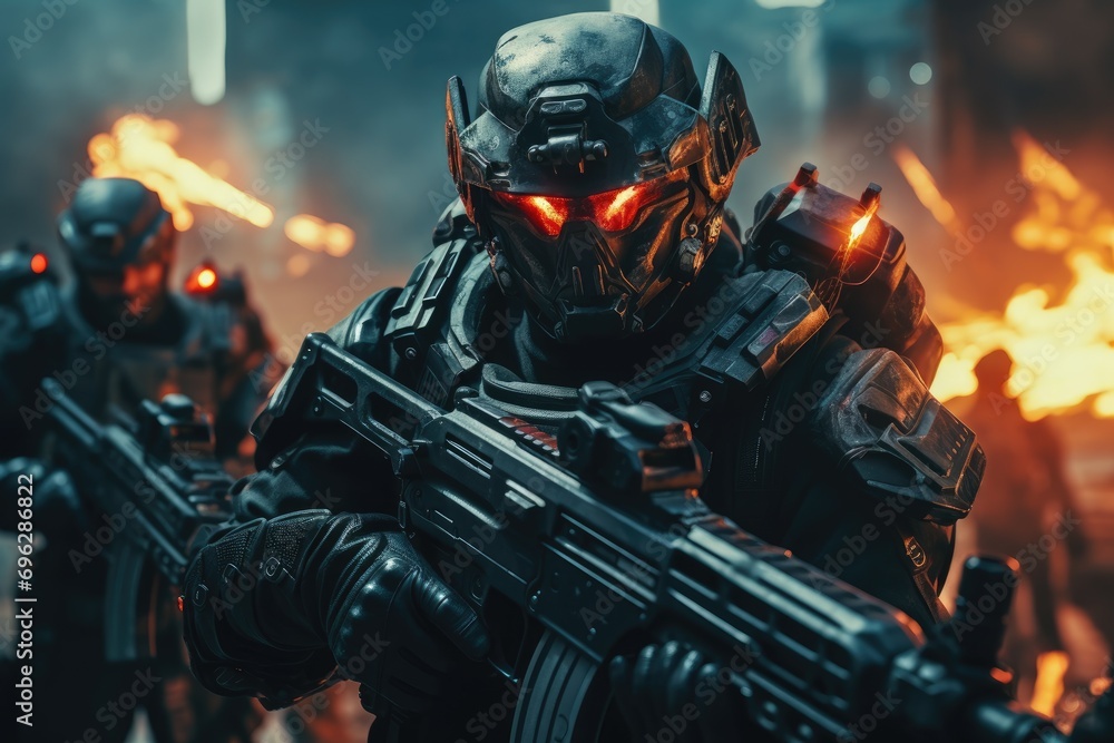 Futuristic Army soldier in Combat Uniforms with assault rifle, plate ...