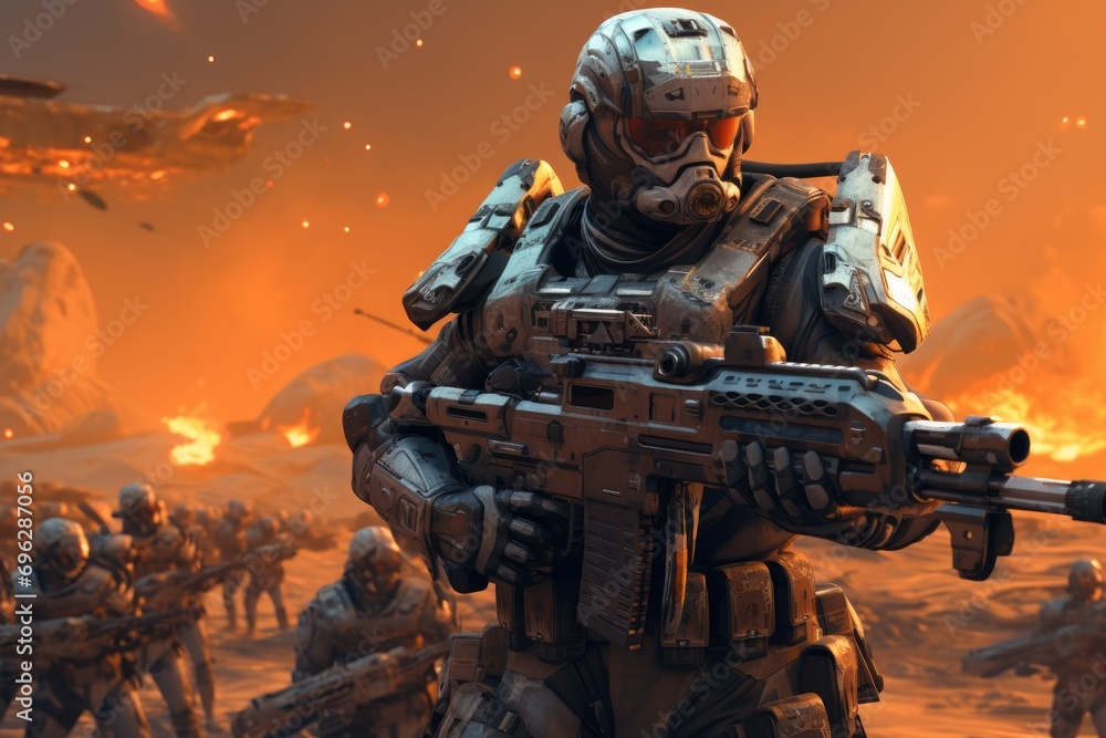 Futuristic Army soldier in Combat Uniforms with assault rifle, plate ...