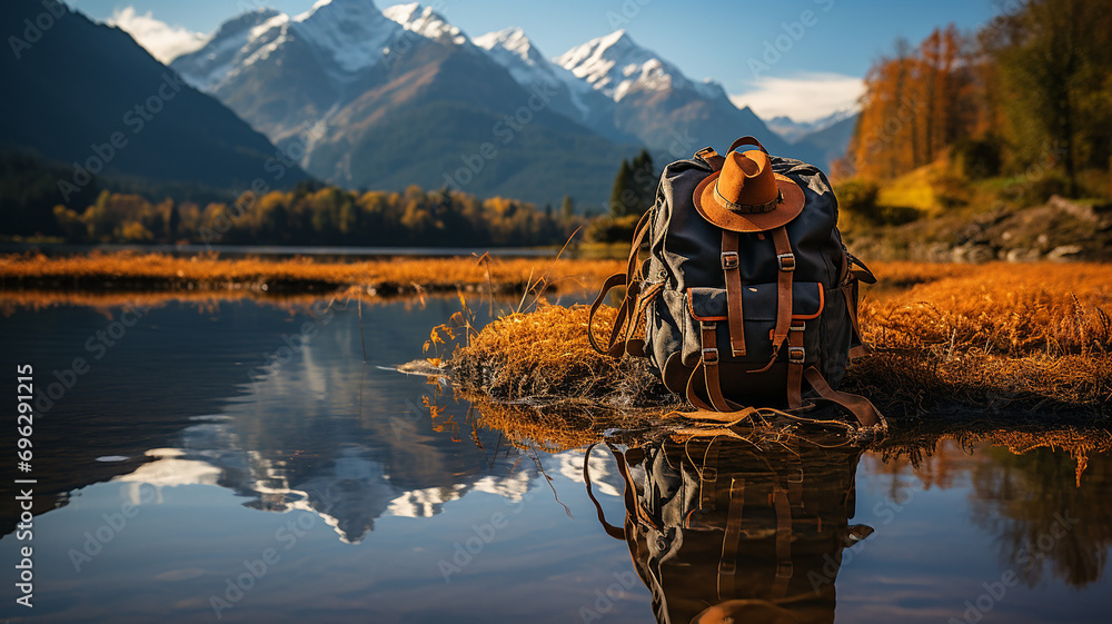 Hiking backpacks and boots, resting by a mountain lake, exploring the ...