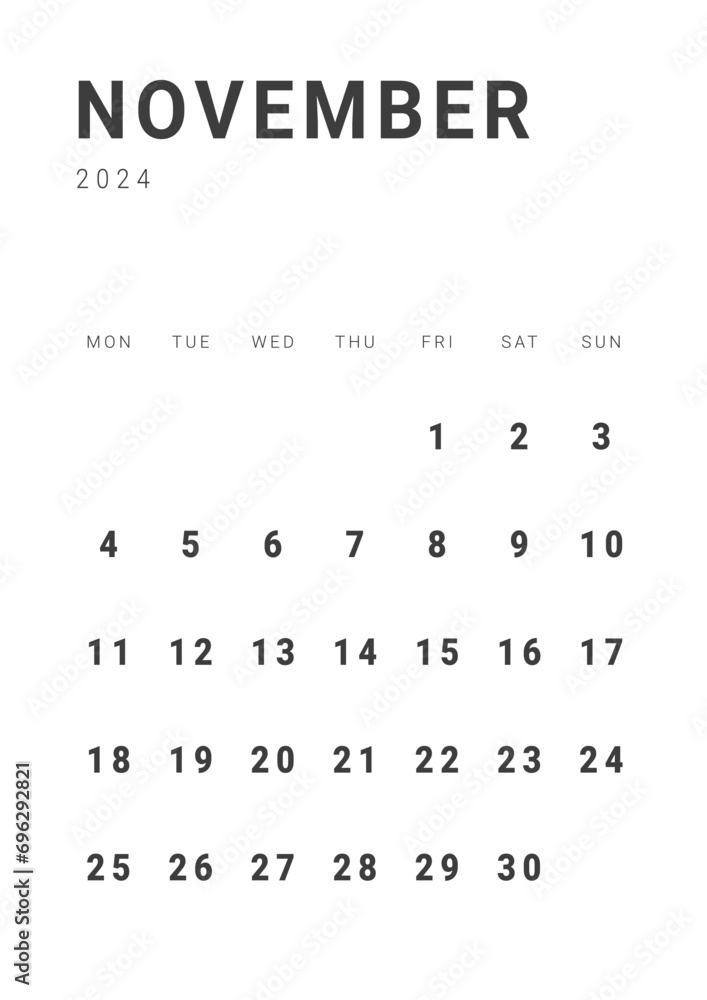 Monthly page Calendar Planner Templates of November 2024. Vector layout ...