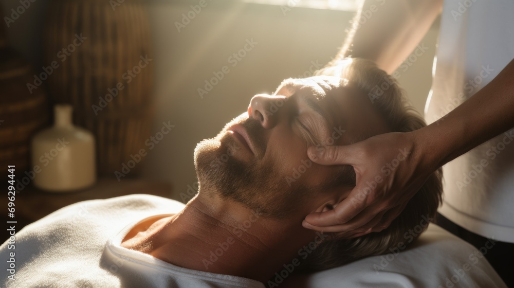 Relaxing Access Bars Therapy Session with Sunlight. A man enjoys a ...