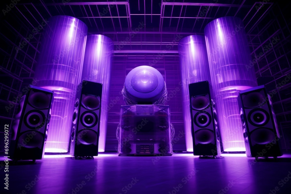 Illuminating Loudspeakers purple light. Digital media. Generate Ai ...