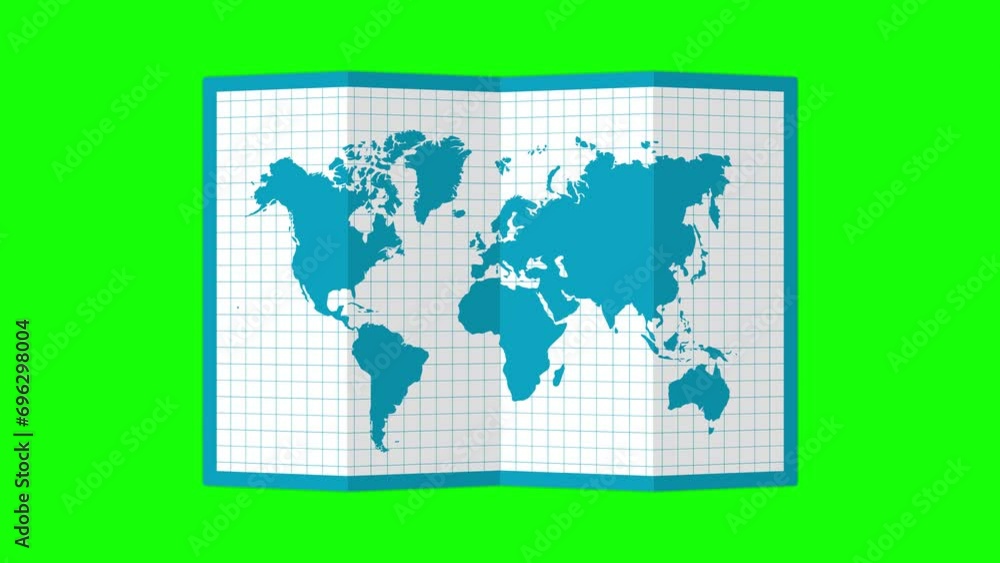 4K animation of opening quad-fold world map ( green background for ...