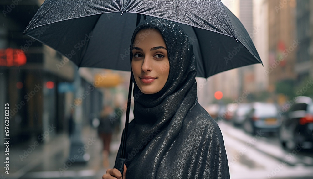 Young stylish Muslim woman in hijab holding umbrella while standing in ...