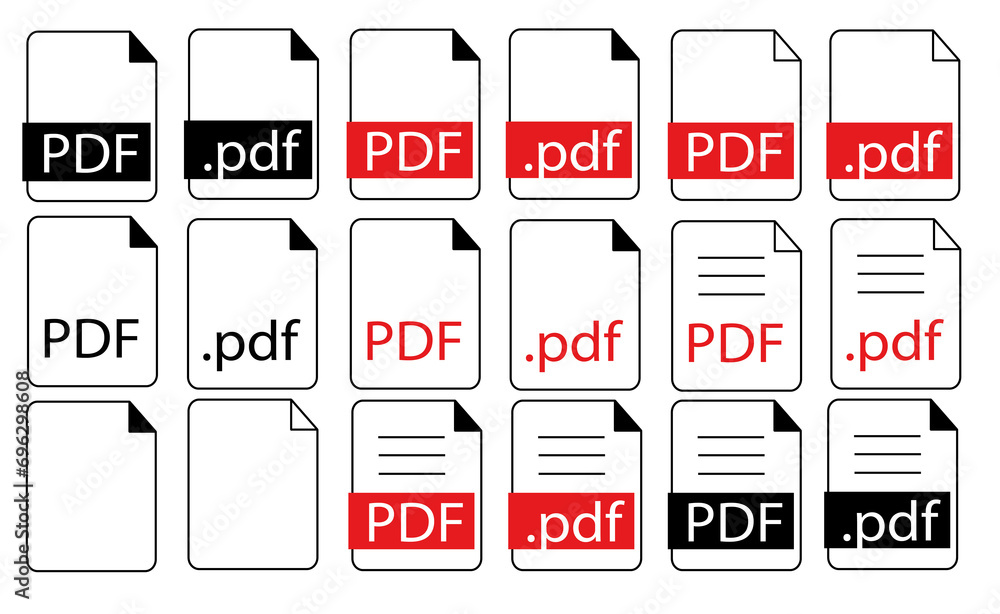 collection of pdf icons | pdf icon sheet | black, white and red pdf and ...