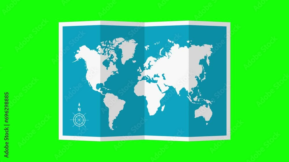 4K animation of opening quad-fold world map ( green background for ...