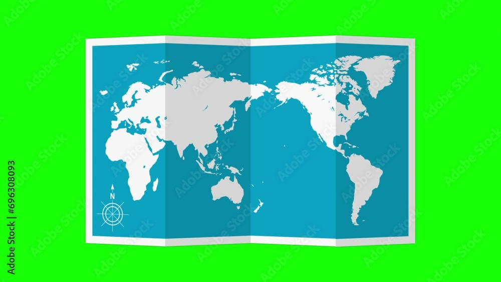 4K animation of opening quad-fold world map ( green background for ...