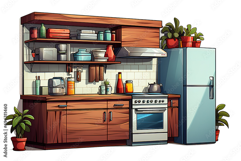cartoon cooking room interior, kitchen counter with appliances ...
