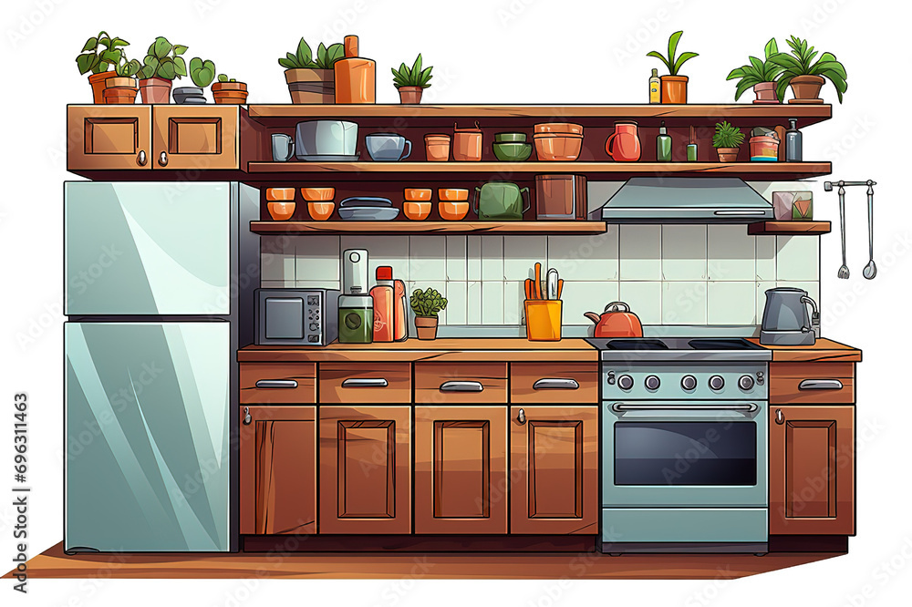 cartoon cooking room interior, kitchen counter with appliances ...