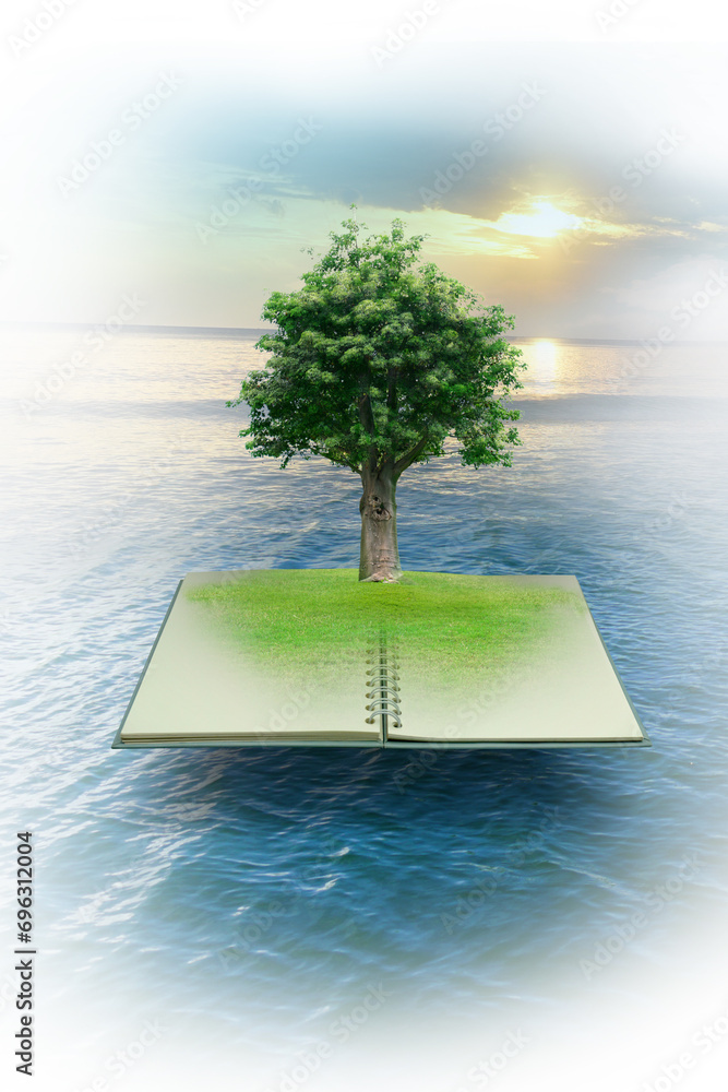 tree on the book, The sky, water, and books are like the roots of a ...