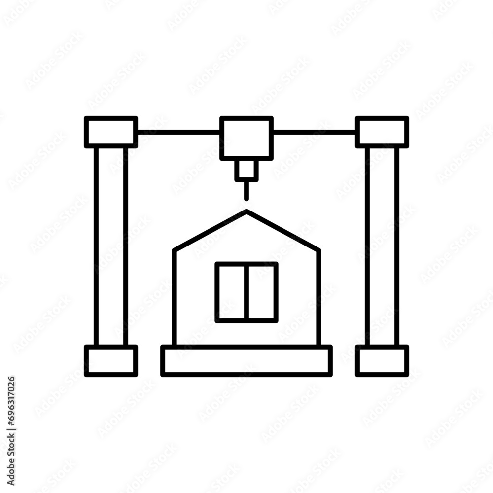 Printing modular house construction, line icon. Building home from ...