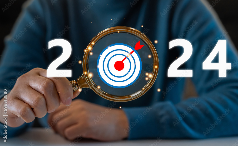 Human with magnifier 2024 new year wording for marketing and business ...