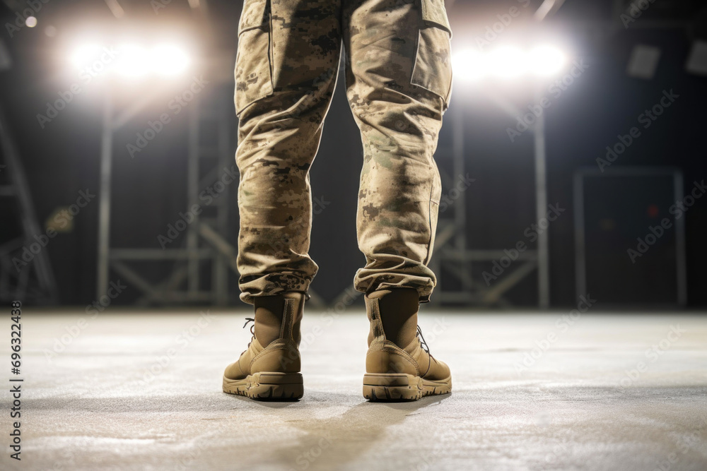 Military athletic legs in combat boots stand on a shooting range ...