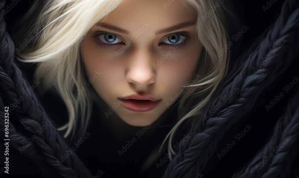 Mysterious woman with pale skin and white hair, enshrouded in dark ...