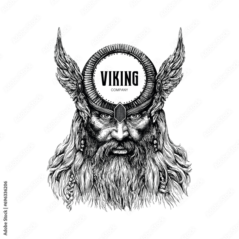 Black and white line art design with viking man and round frame ...
