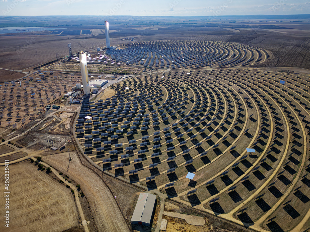 Aerial view of the Solar Power Towers PS10 and PS20 in Sanlúcar la ...