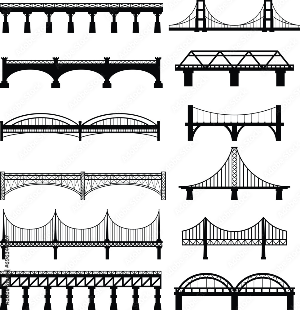 Set of different bridges silhouettes. Isolated on white background ...