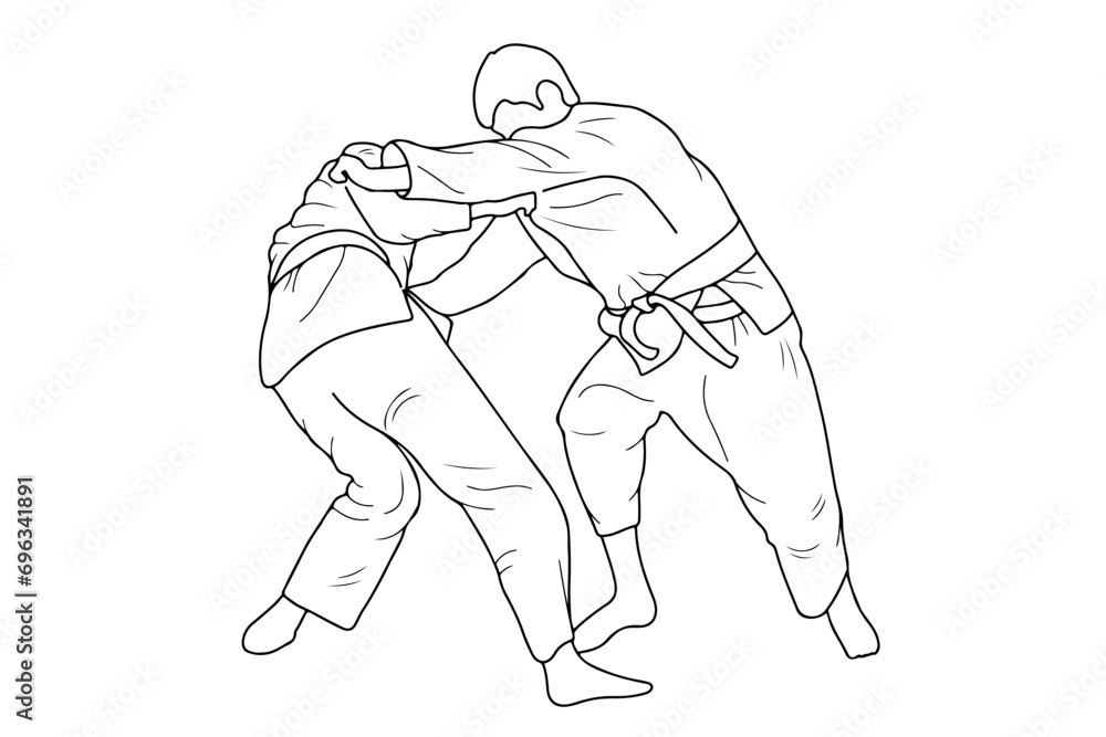Line drawing of two young sportive judoka fighter. Judoist, judoka ...