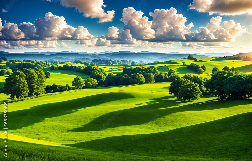 Beautiful green valley with green fields and hills. Natural summer ...