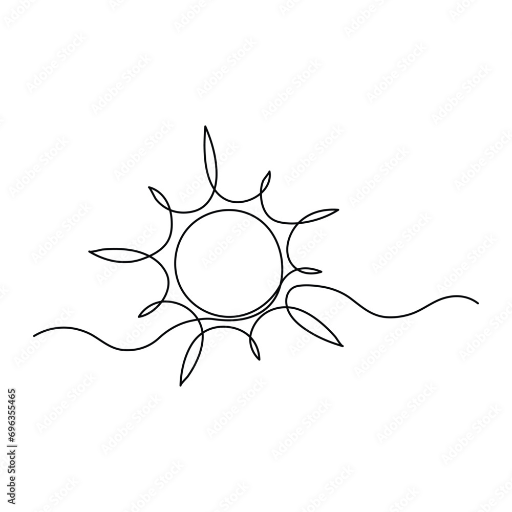 Sun summer continuous single line art drawing outline vector ...