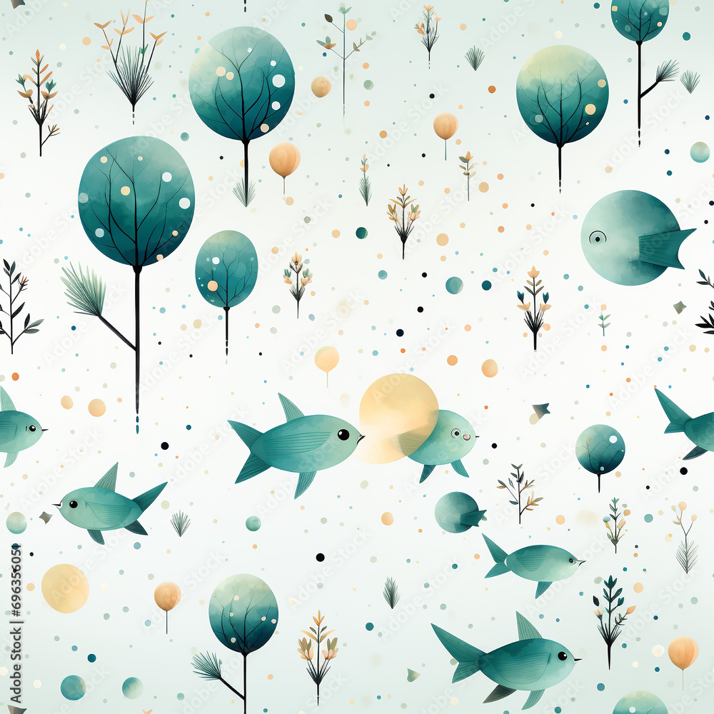 Seamless watercolor fish pattern. Blue watercolor fishes on white background. Boundless ...