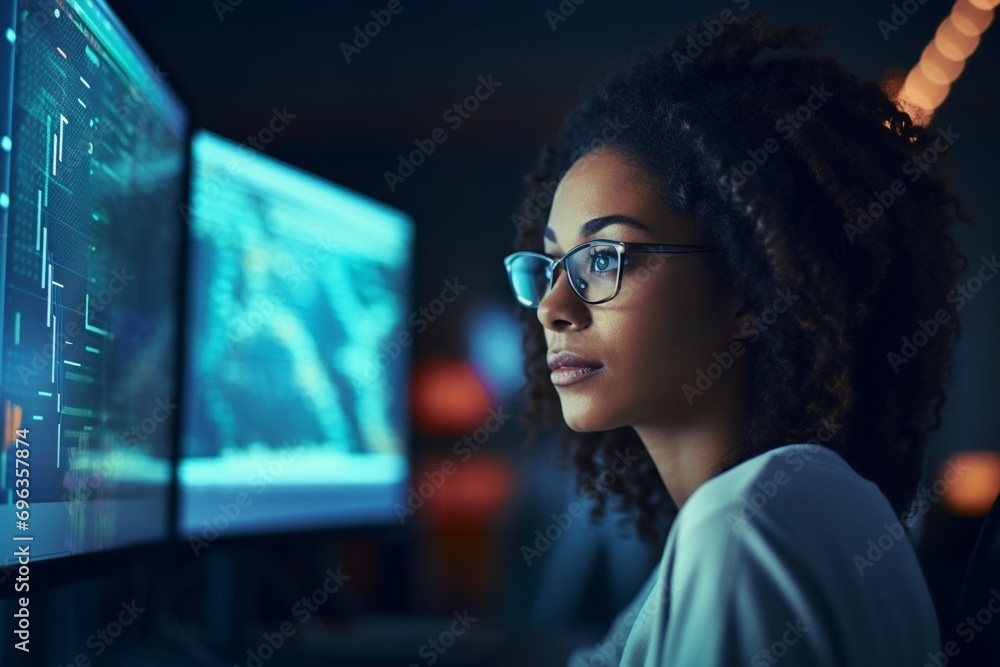 Portrait of African American woman Startup Digital Entrepreneur Working on Computer, Line of ...