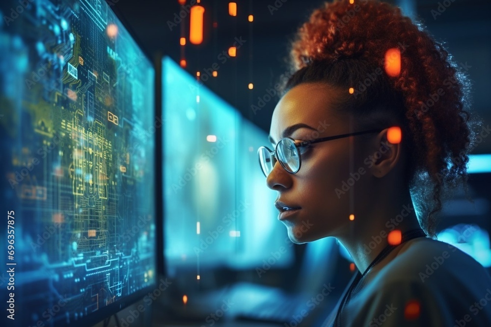 Portrait of African American woman Startup Digital Entrepreneur Working on Computer, Line of ...